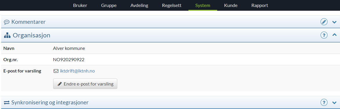 Hvordan endre mottaker av synkroniseringsrapporter og driftsmeldinger